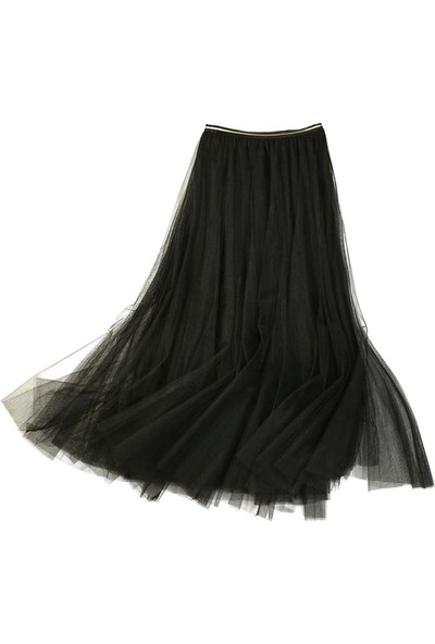Gogoo Tatlı Yüksek Belli Örgü Etek A Kesim Etek Orta Uzunlukta Iplik Etek Elastik Belli Peri Etek Puf Etek-Siyah (Yurt Dışından)