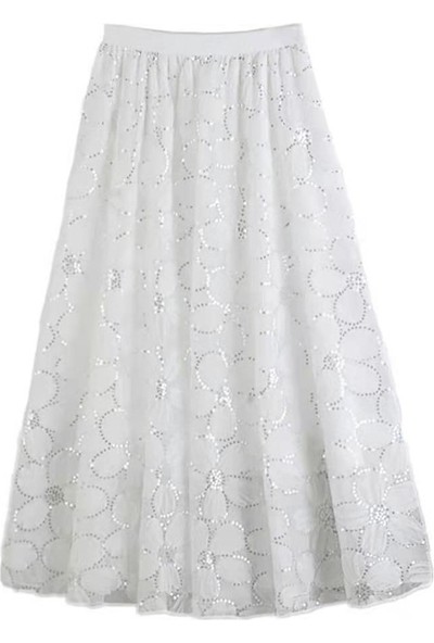 Gogoo Yeni Yüksek Belli Elastik Bel Çift Katmanlı Örgü Çiçek Pulları Parlak Orta Uzunlukta Etek-Beyaz (Yurt Dışından)