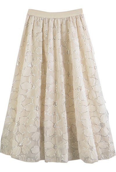 Gogoo Yeni Yüksek Belli Elastik Bel Çift Katmanlı Örgü Çiçek Pulları Parlak Orta Uzunlukta Etek-Kayısı (Yurt Dışından)