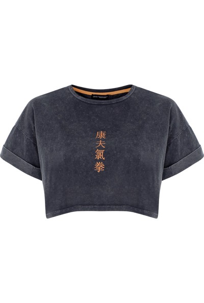 Sırt Baskılı Crop Tişört Antrasit