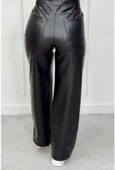 Derya Dindar Kadın Bol Paça Deri Pantolon Siyah Derya Dindar Kadın Bol Paça Deri Pantolon Siyah