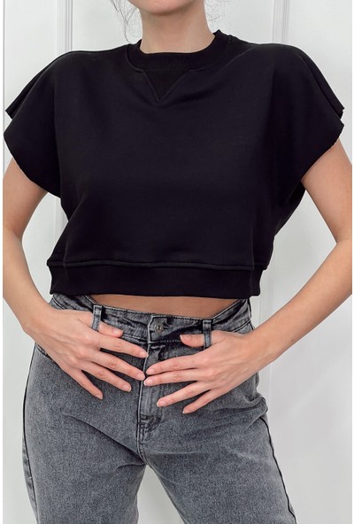Derya Dindar Kadın Ribana Yaka Kısa Sweat Siyah