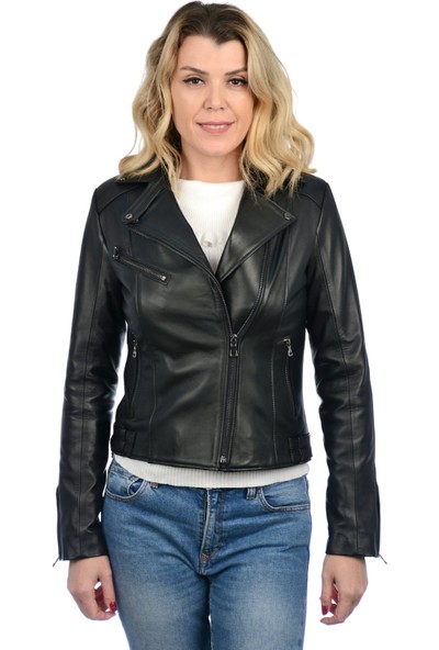 Asyaclub Maya Hakiki Deri Kadın Siyah Biker Ceket-Mont