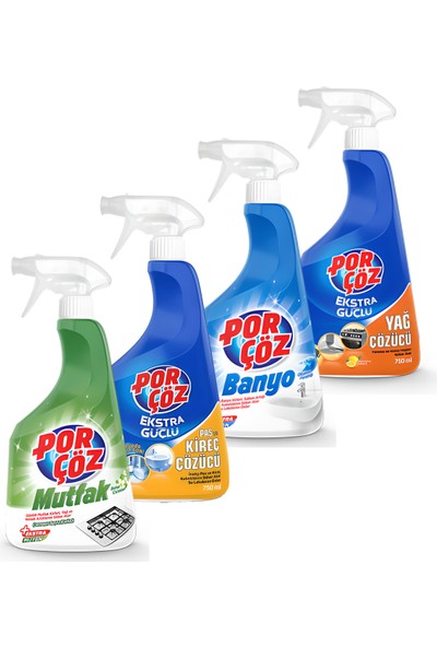 Porçöz 4'lü Temizlik Seti Mutfak+Yağ Çözücü+Banyo+Pas ve Kireç Çözücü