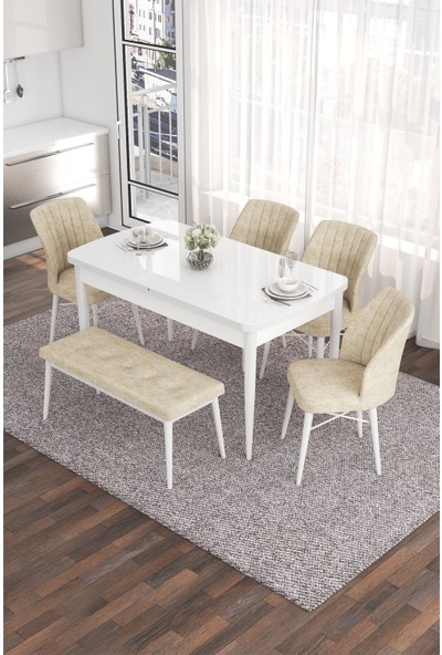 Canisa Concept Eva Serisi 80 x 132 cm Benchli Açılabilir Mdf Mutfak Masa Takımı Beyaz Masa ve 4 Sandalye
