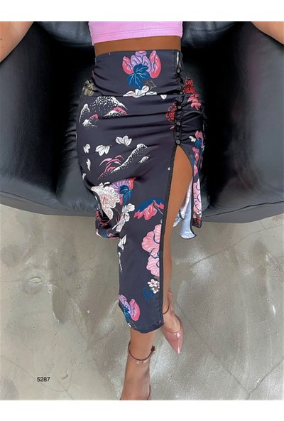 Bygulayidiz Kadın Çiçeklı Saten Yırtmaçlı Uzun Kalem Etek