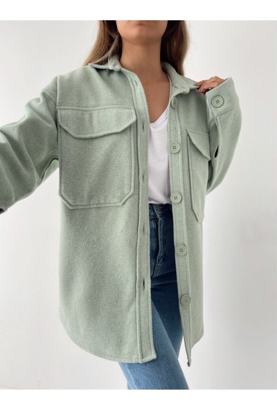 Oversize Düğmeli Cepli Kaşe Tunik Gömlek Ceket Mint Oversize Düğmeli Cepli Kaşe Tunik Gömlek Ceket Mint
