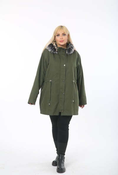 Alba Collection Kadın Haki Gabardin Içi Kıvırcık Büyük Beden Mont