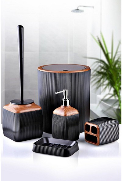 Okyanus Home Siyah Yuvarlak Ahşap 5'li Banyo Seti