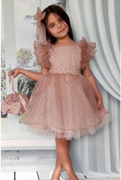 Riccotarz Kız Çocuk Kolları Fırfırlı Eteği Kabarık Tüllü ve Sim Işlemeli Çantalı Pudra Abiye