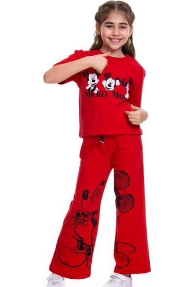 Riccotarz Kız Çocuk Mickey & Minnie Baskılı Bol Paça Kırmızı Eşofman Takım