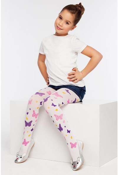 Riccotarz Kız Çocuk Kelebek Baskılı Ince Beyaz Külotlu Çorap