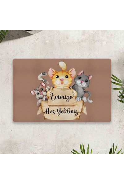Vagonik Kedi Temalı Dijital Baskılı 50 x 70 Cm. Dekoratif Çok Amaçlı İç ve Dış Kapı Paspası