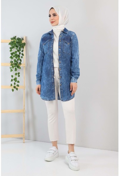 Moda Mihram Düğmeli Kot Gömlek Mavi Moda Mihram Düğmeli Kot Gömlek Mavi