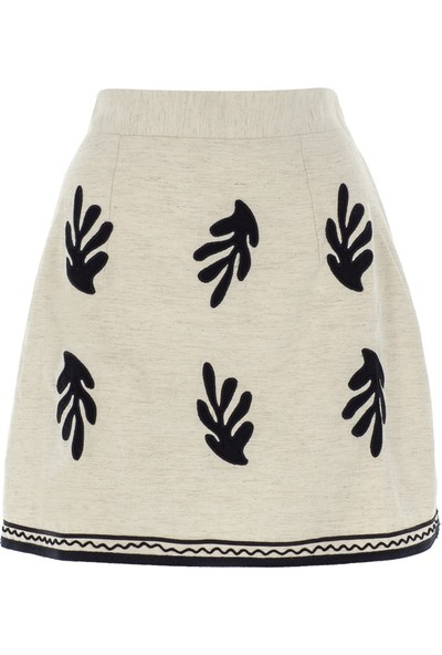 Nakış Detaylı Keten Mini Etek Bej