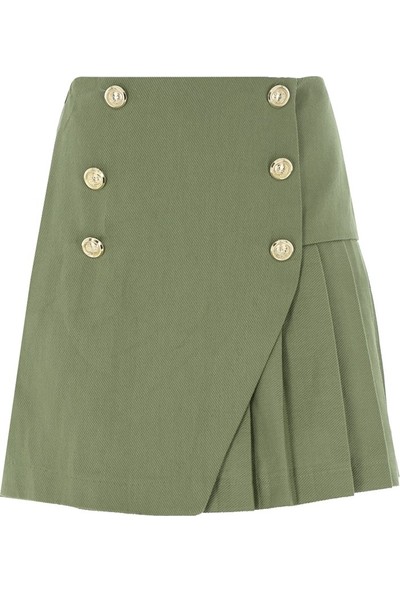 Düğme Detaylı Pileli Şort Etek Haki Düğme Detaylı Pileli Şort Etek Haki
