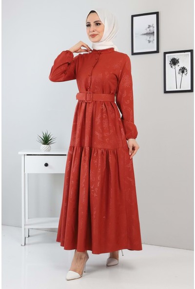 Moda Mihram Yakma Desenli Fırfırlı Elbise Kiremit Moda Mihram Yakma Desenli Fırfırlı Elbise Kiremit