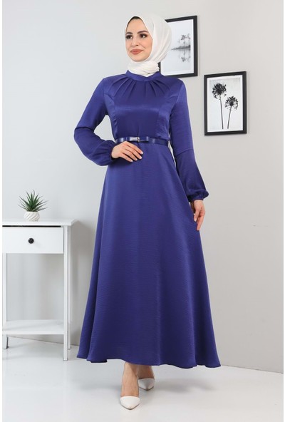 Moda Mihram Büzgülü Kemerli Elbise Indigo