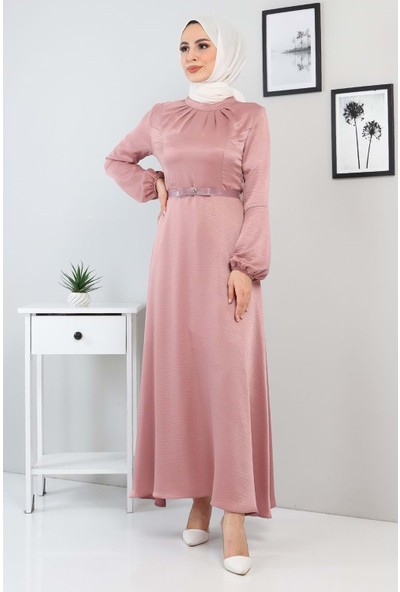 Moda Mihram Büzgülü Kemerli Elbise Pudra