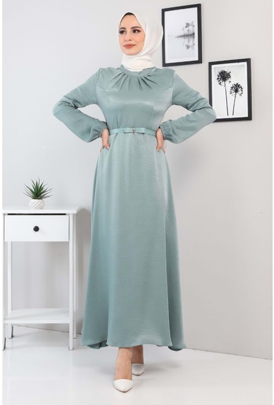 Moda Mihram Büzgülü Kemerli Elbise Mint
