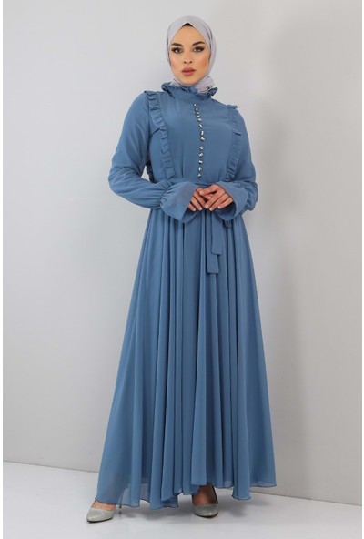 Moda Mihram Fırfır Detaylı Şifon Abiye Bebe Mavisi