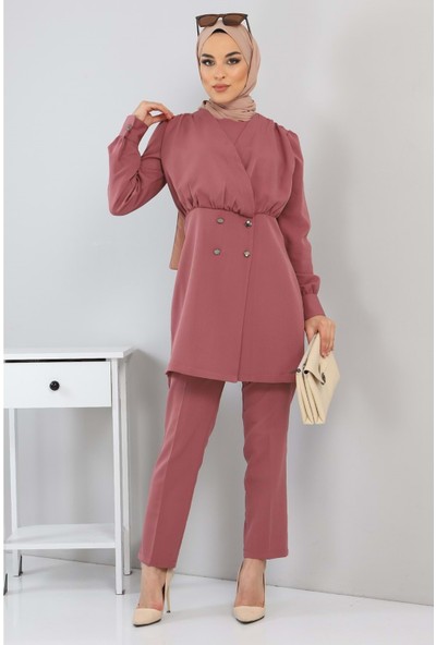 Moda Mihram Düğme Detaylı Takım Gül Kurusu