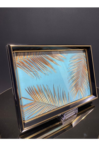 Homelet Desenli Dekoratif Dikdörtgen Camlı Tepsi 45 x 32 cm