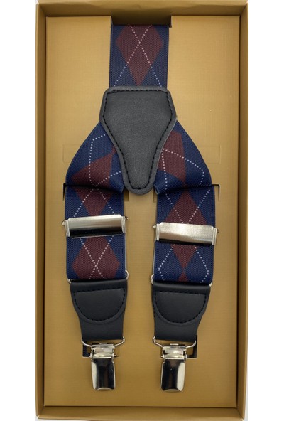 Yage 3,5 cm Lacivert Zemin Bordo Baskılı Ekose Pantolon Askısı