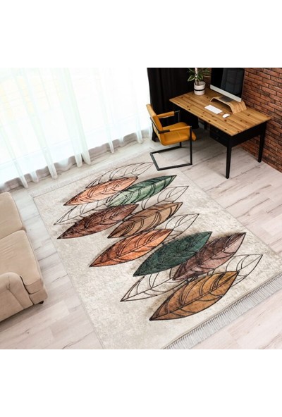 Halı Türkiye Antibakteriyel Yıkanabilir Kaymaz Taban Halı Yaprak Desenli
