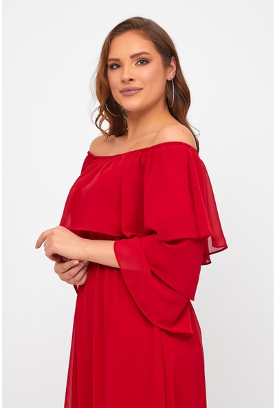 Ada Style Carmen Yaka, Volanlı Kol, Çekim Elbisesi