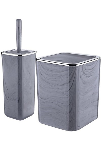 Sas Banyo Çöp Kovası Wc Tuvalet Fırçası 5 Litre Gri Mermer Desen