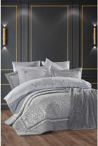 Elart Elart çeyiz Paketi 10 Parça (Yatak Örtüsü+Nevresim Takımı+Battaniye) Adriana Gümüş