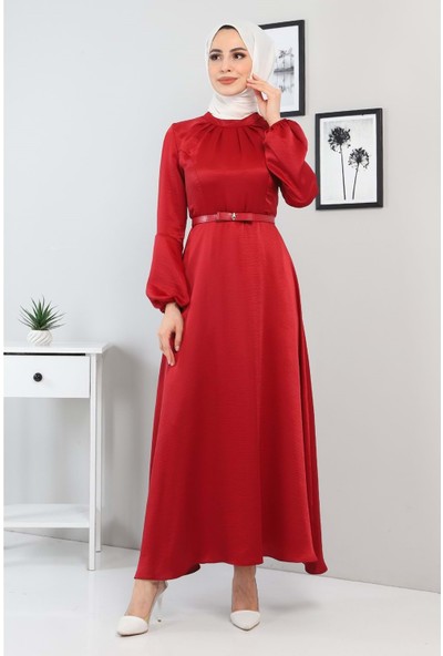 Moda Mihram Büzgülü Kemerli Elbise Bordo