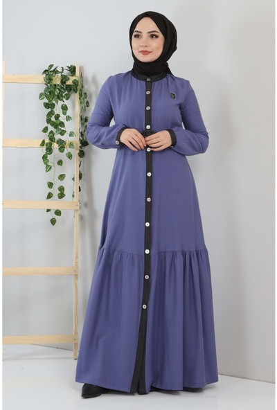 Moda Mihram Düğmeli Kemerli Ferace Indigo Moda Mihram Düğmeli Kemerli Ferace Indigo