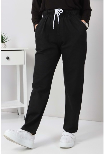 Moda Mihram Beli Lastikli Boyfriend Kot Pantolon Siyah Moda Mihram Beli Lastikli Boyfriend Kot Pantolon Siyah