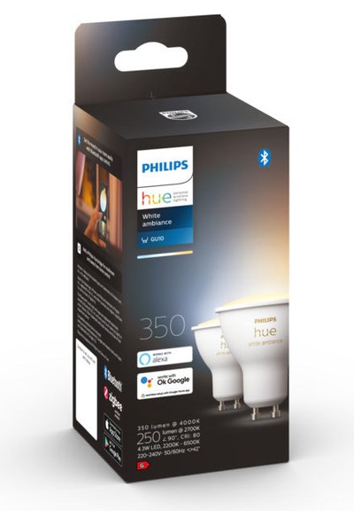 Philips Hue 4.3W Beyaz Ambiyans Akıllı Ampul 2'li Ekopaket - GU10 - Bluetooth Özellikli Philips Hue 4.3W Beyaz Ambiyans Akıllı Ampul 2'li Ekopaket - GU10 - Bluetooth Özellikli