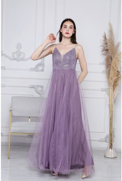 Jomoti Ip Askılı Dantel Detaylı Tül Etek Abiye