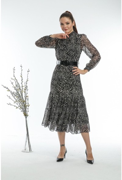 Jomoti Desenli Şifon Elbise
