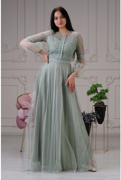 Jomoti Dantelli Balon Kol Uzun Abiye