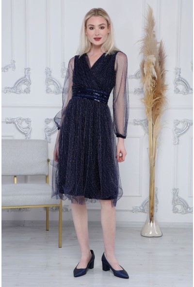 Jomoti Kolu Tüllü Diz Altı Simli Abiye