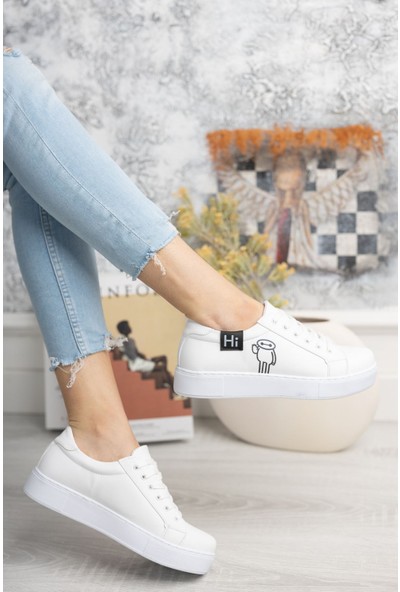 Jomoti Baskılı Beyaz Cilt Spor Ayakkabı