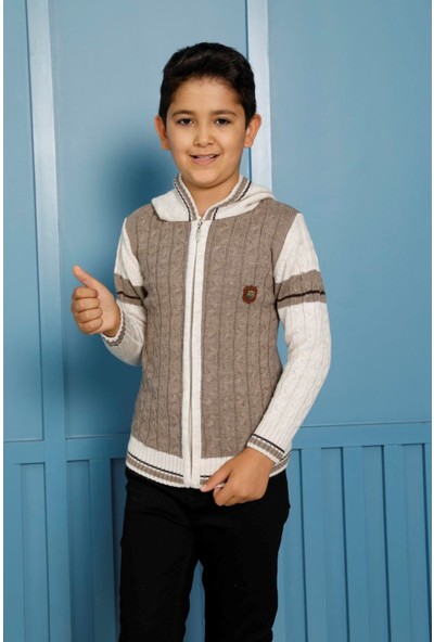 Jomoti Kapşonlu Desenli Triko Hırka