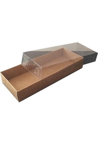 Bonjux 6 x 16 x 3 cm Altı Kraft Karton Üstü Asetat Şeffaf Kapaklı Dikdörtgen Kutu 100 Adet