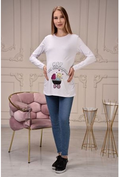 Aymeravm Uzun Kollu Baskılı Hamile Tişört
