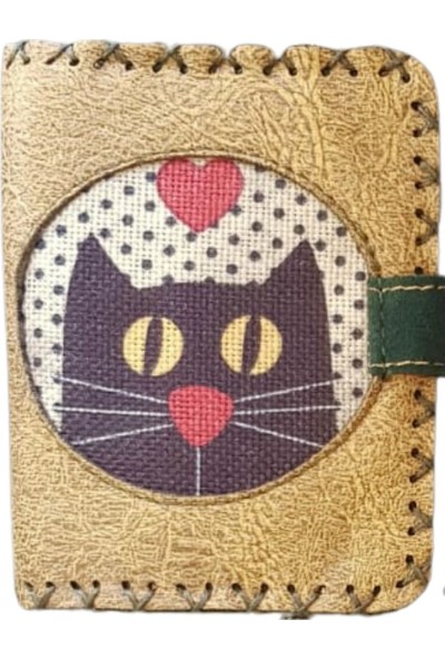 Asyada Butik Aşık Kedi Desen El Işi Otantik Bohem Kare Cüzdan Hardal