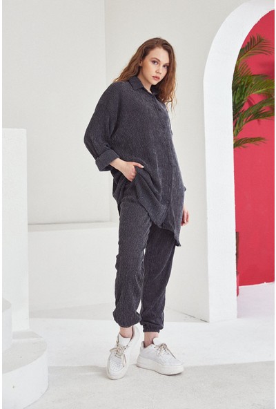 Lime Moda Düğme Detaylı Ikili Takım-Antrasit