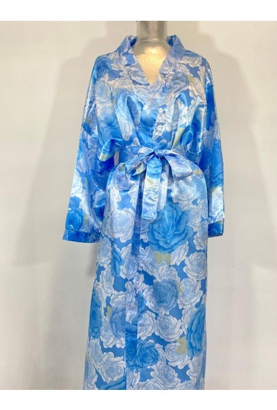 Özel Tasarım Mavi Çiçekli Saten Sabahlık Kimono