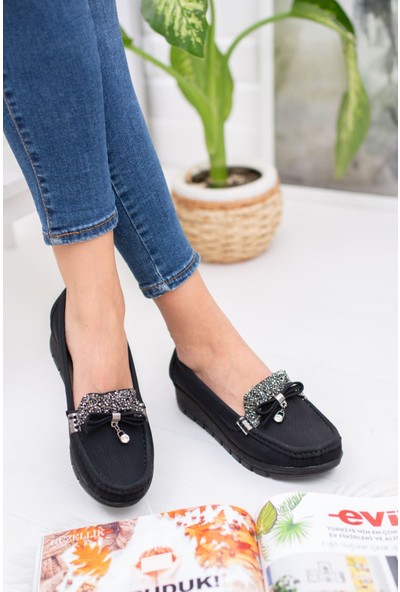 Jomoti Dili Taşlı Yüksek Taban Ortopedik Pedli Siyah Ayakkabı
