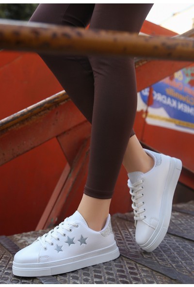 Chie Collection Moss Beyaz Cilt Gri Yıldızlı Spor Ayakkabı