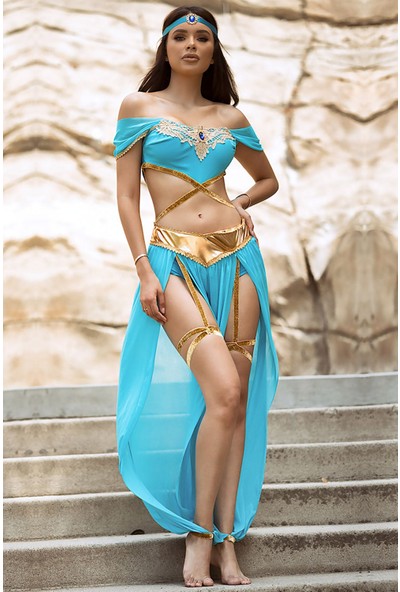 Eminna Seksi Aksesuarlı Hint Dansöz Kostümü Mavi